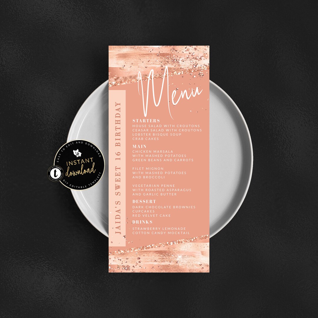 Peach and Rose Gold Menu Card, Rose Gold Birthday, Peach Menu Card ...