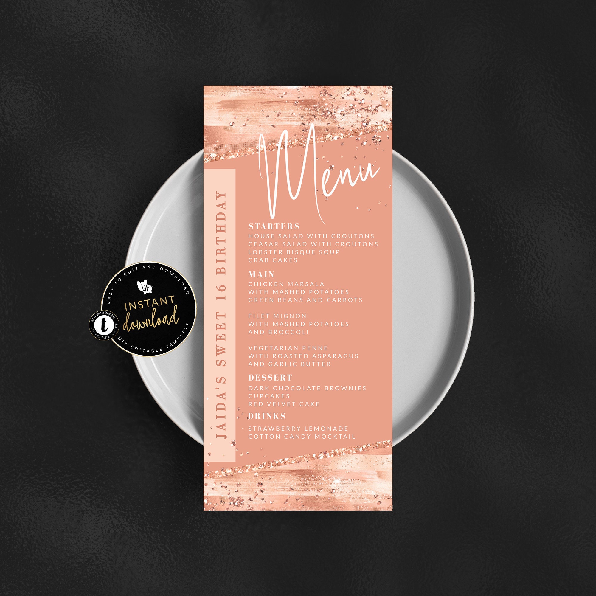 Peach and Rose Gold Menu Card Rose Gold Birthday Peach Menu - Etsy