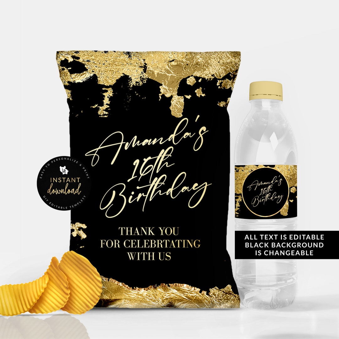 Faux Gold Foil Chip Bag & Water Label Bundle, Gold Chip Bag, Birthday ...