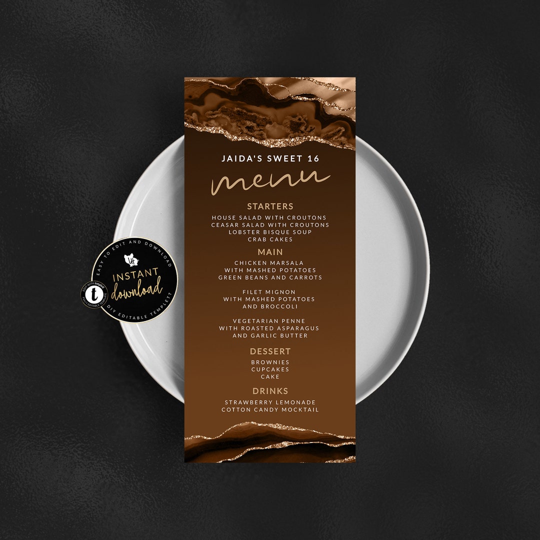 Brown Menu Card, Brown Agate Menu, Neutral Marble Event Menu, Menu Card ...