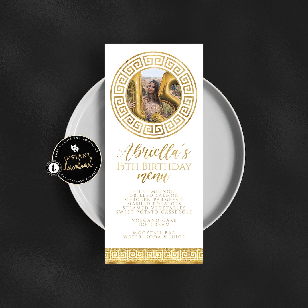 Grecian Menu Card, Greek Key Menu, Gold Birthday, Gold 4x9 Menu, Gold ...