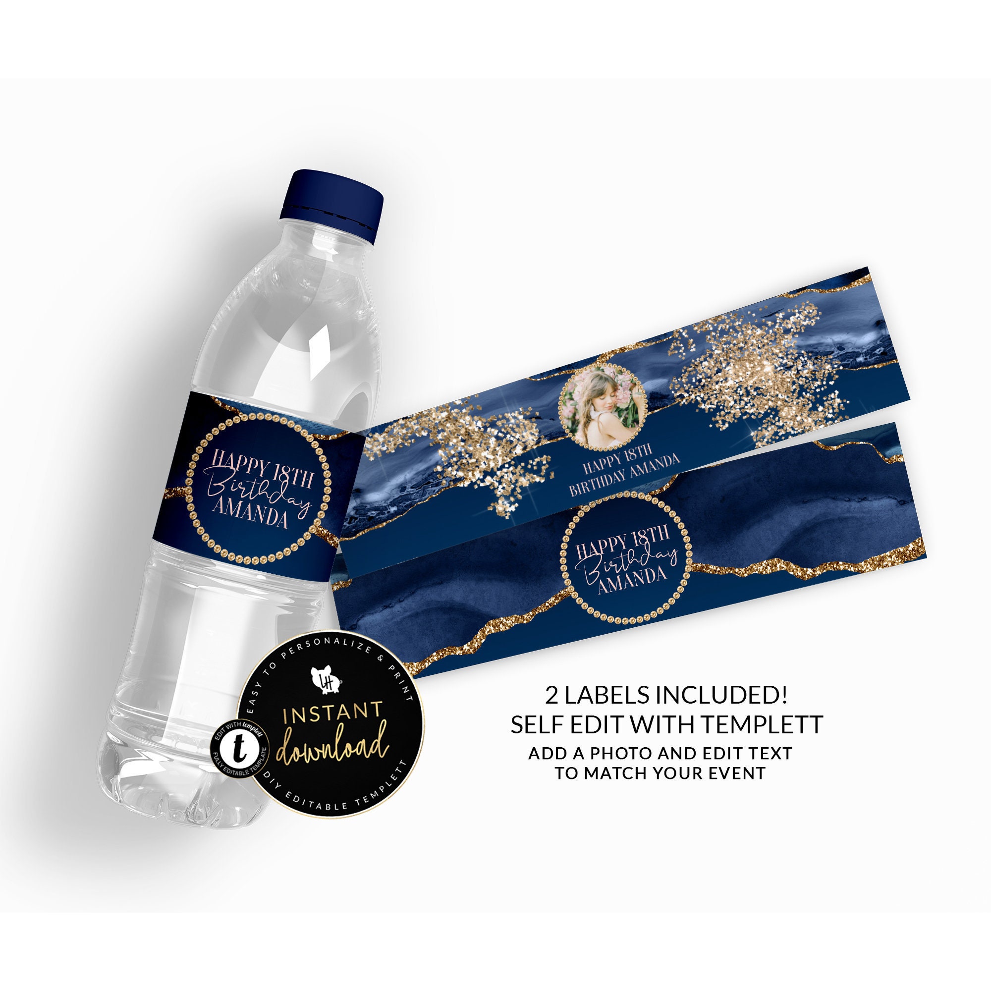 Blue and Gold Water Bottle Labels, Blue and Gold Agate Water Labels ...