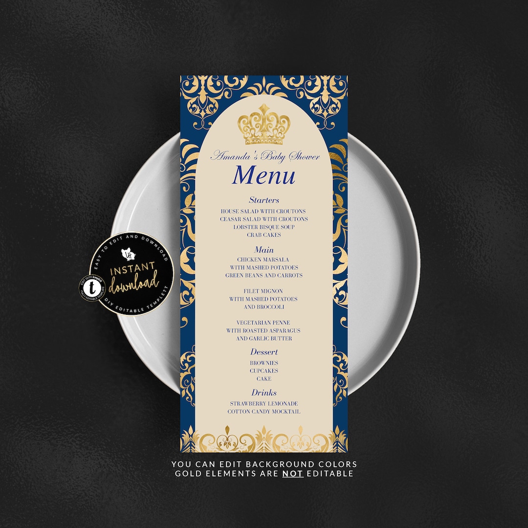 Royal Menu Card, Prince Baby Shower Menu, King Birthday Menu, Printable ...