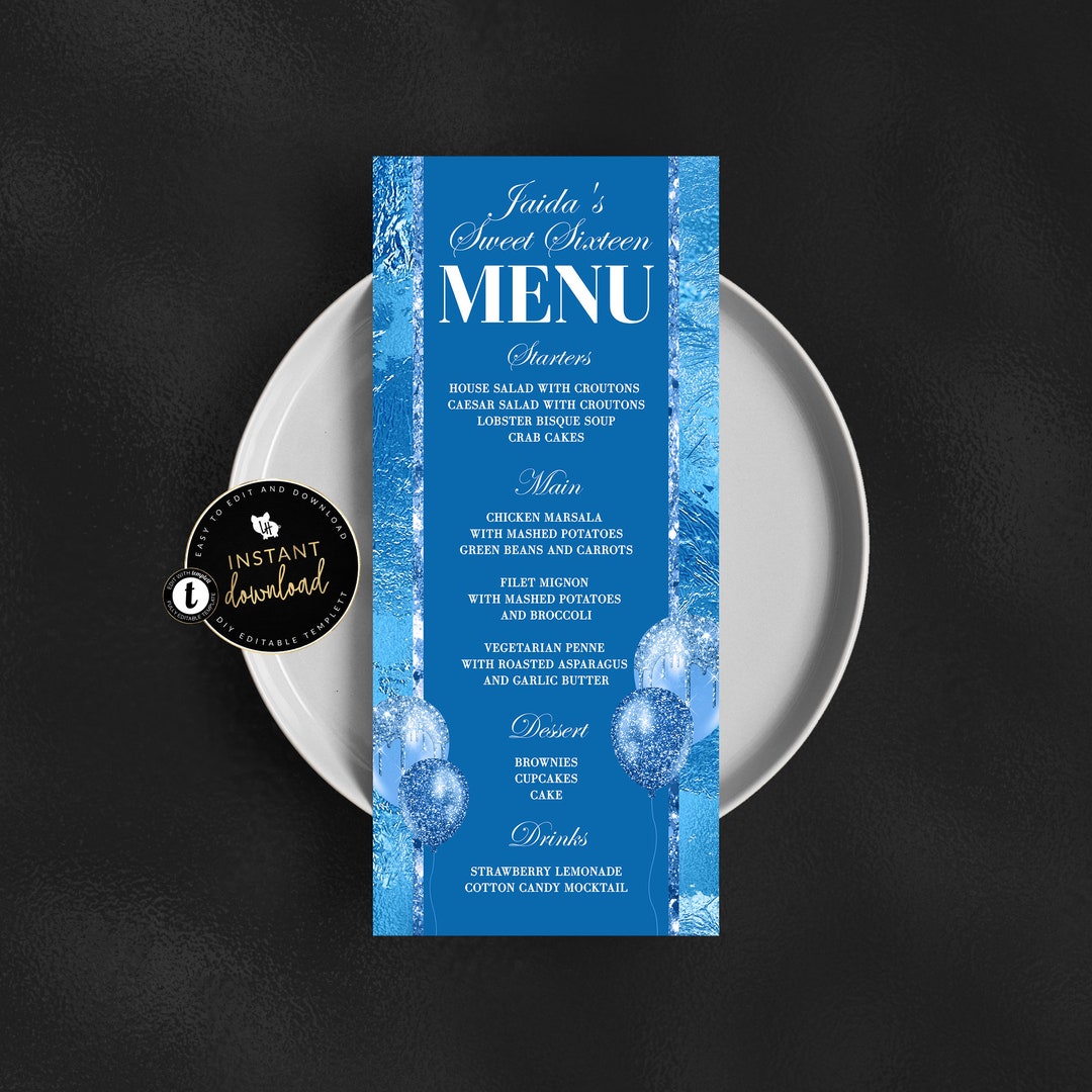 Blue Menu Card, Faux Foil Menu, Blue Birthday, Birthday Menu Card ...