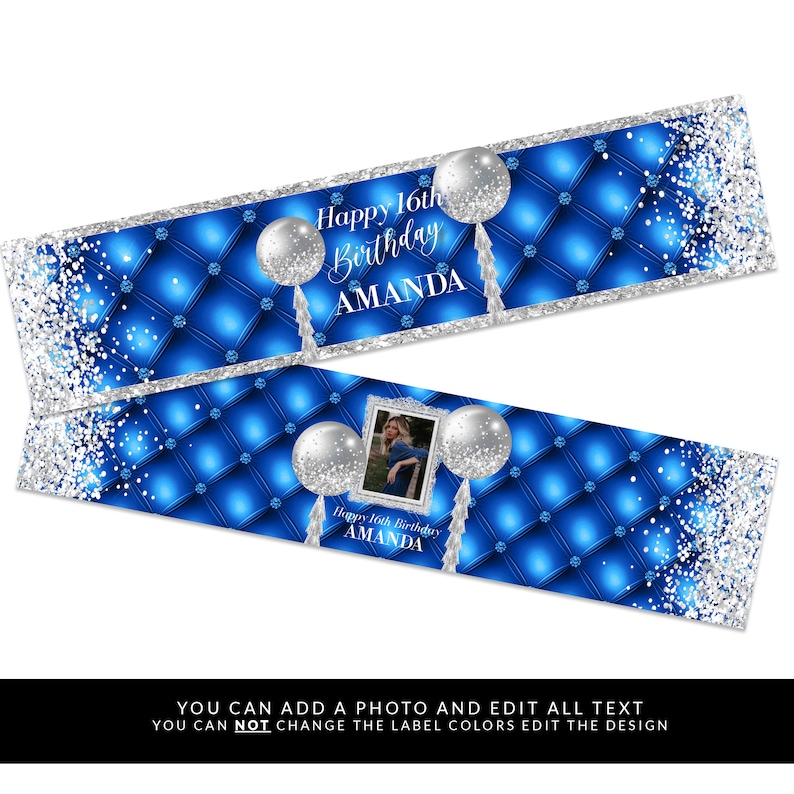 Blue and Silver Water Bottle Labels, Photo Water Bottle Label, Birthday ...