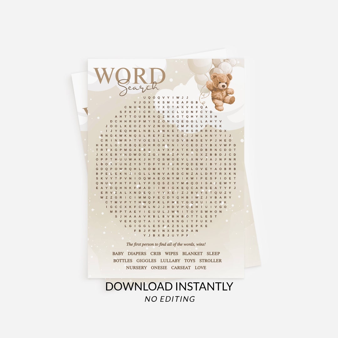 Teddy Bear Baby Shower Word Search, Teddy Bear Baby Game, Baby Shower ...