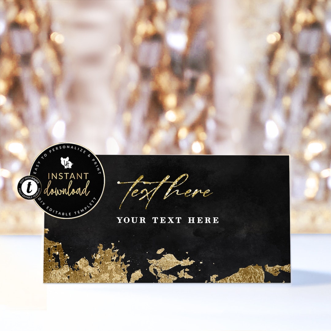 Black and Faux Gold Foil Place Cards, Black and Gold Tent Cards, Name ...