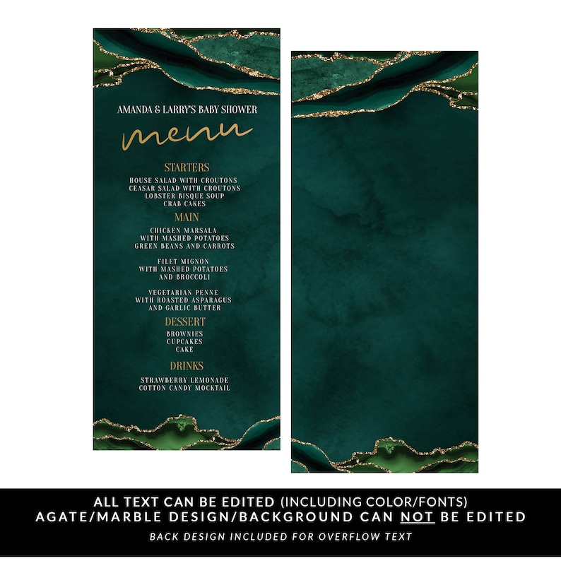 Emerald Green and Gold Menu Card, Green and Gold Agate Menu, Green ...