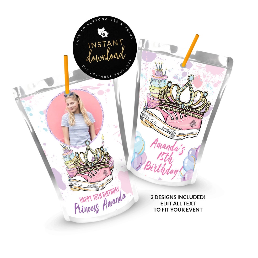 Sneaker Princess Juice Pouch Labels, Girl Sneaker Birthday Juice Label ...