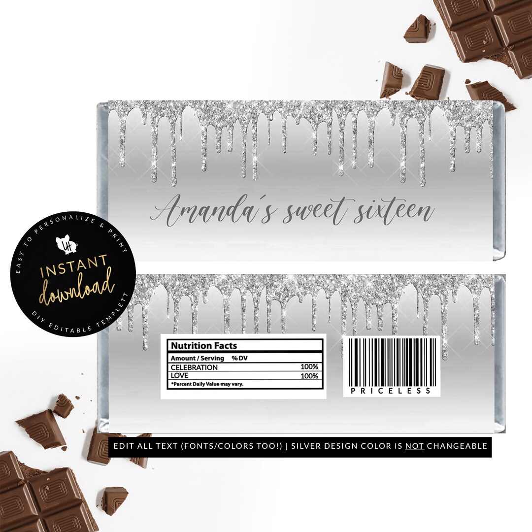 Silver Drip Candy Bar Label, Silver Candy Bar Label, Silverparty ...