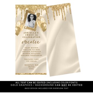 Gold and Cream Menu Card With Photo, Glitter Drip Menu, Gold Birthday ...