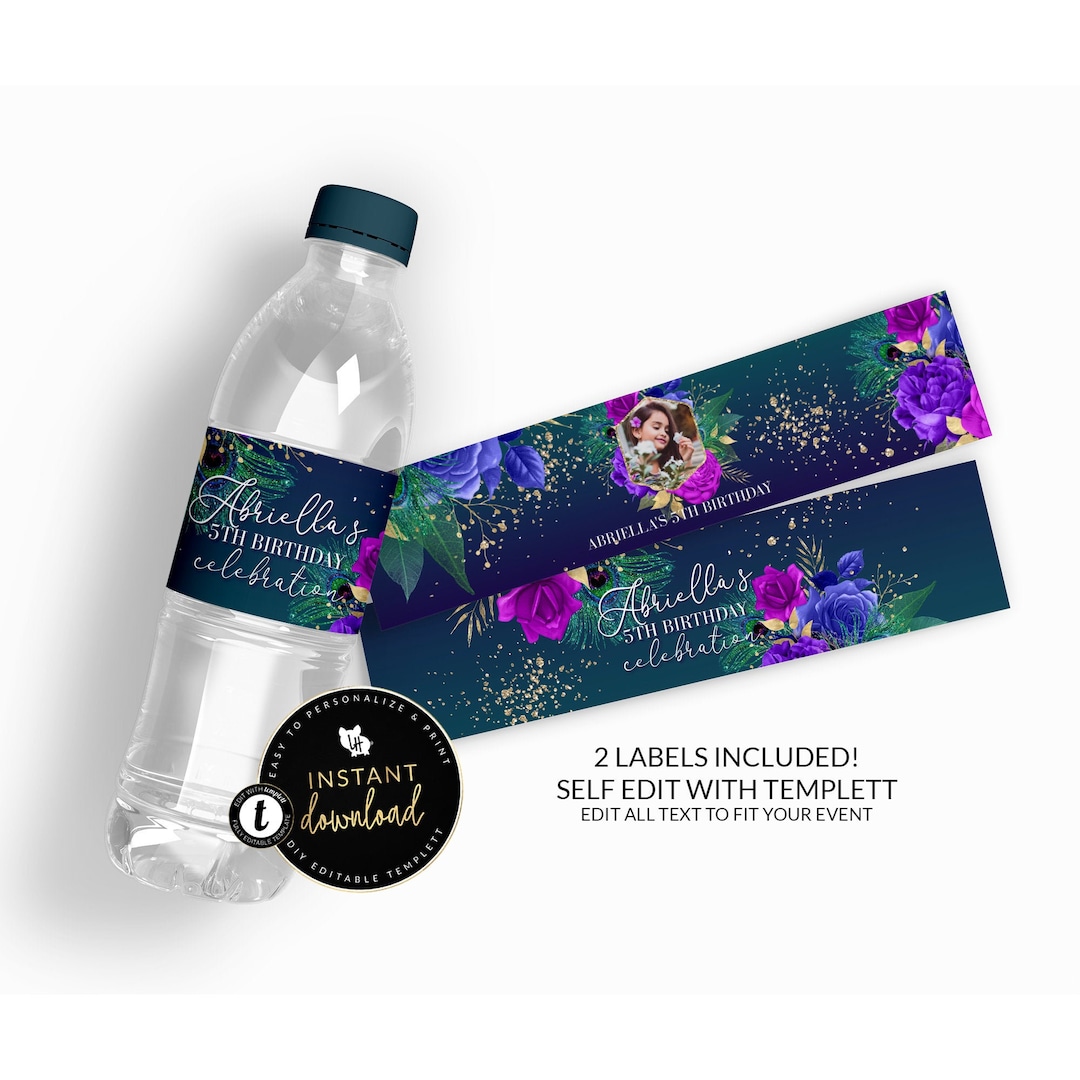 Peacock Water Label, Floral and Feather Water Labels, Peacock Printable ...