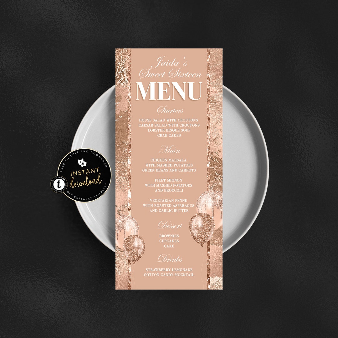 Rose Gold Menu Card, Faux Foil Menu, Rose Gold Birthday, Birthday Menu ...