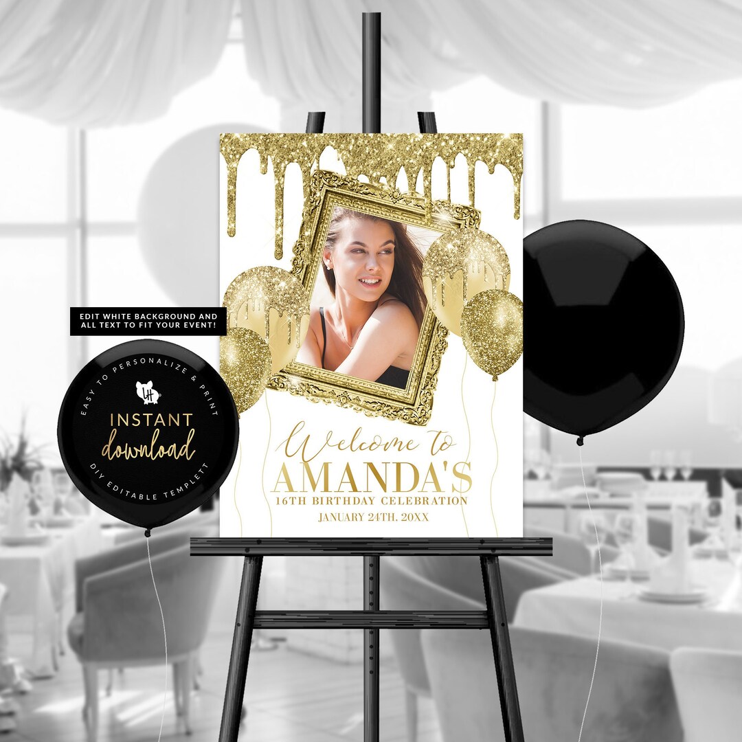 Gold Photo Welcome Sign, Dripping Gold Poster, Gold Welcome Poster ...