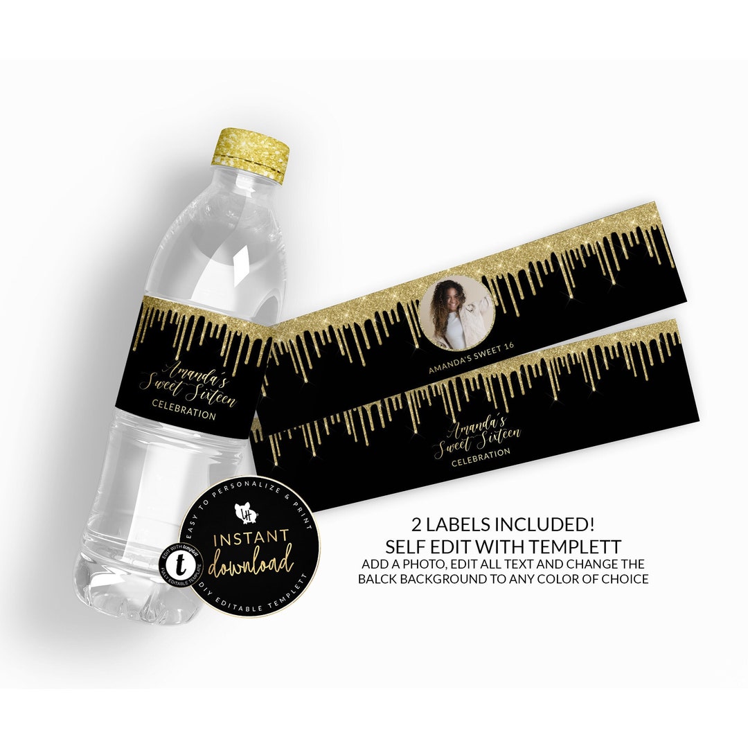 Dripping Gold Water Bottle Labels, Editable Gold Water Label, Gold ...