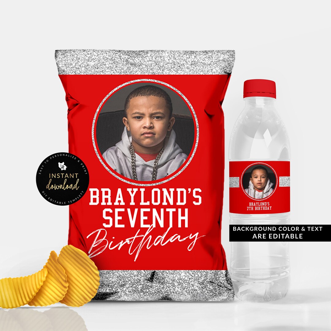 Editable Silver Chip Bag & Water Label Bundle, Birthday Chip Bag, Snack ...
