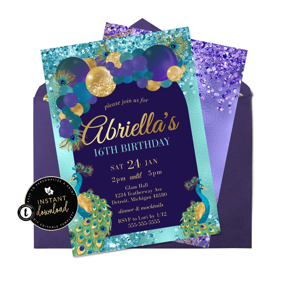 Peacock Feather Invitation, Mardi Gras Invitation, Peacock Birthday ...