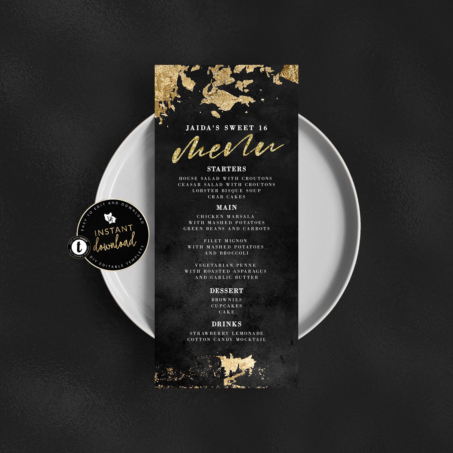 Black and Gold Menu Card, Black and Gold Faux Foil Menu, Black and Gold ...