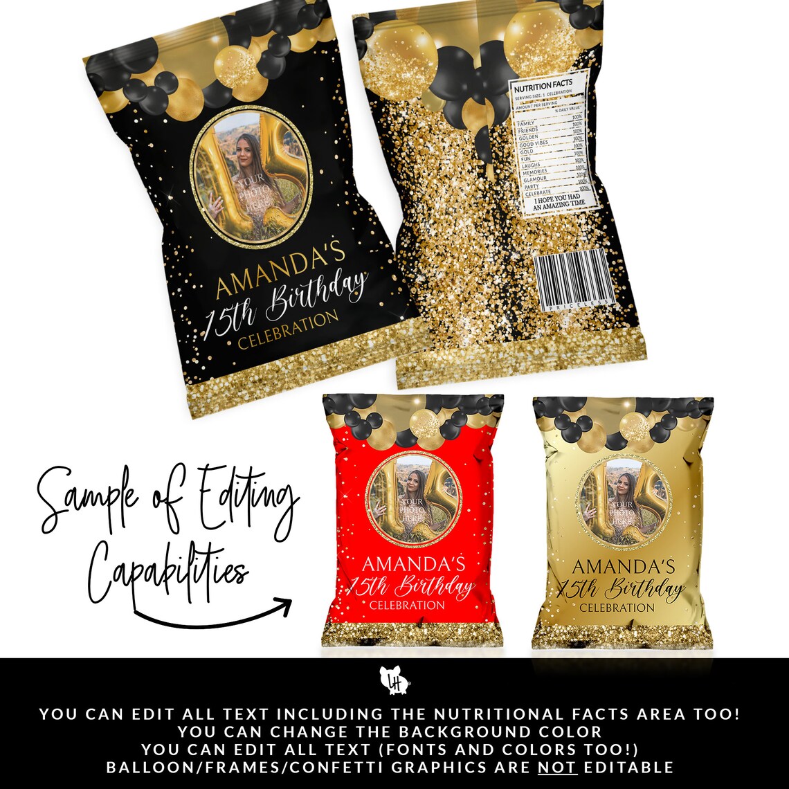 Black and Gold Chip Bag Chip Bag With Photo Birthday - Etsy
