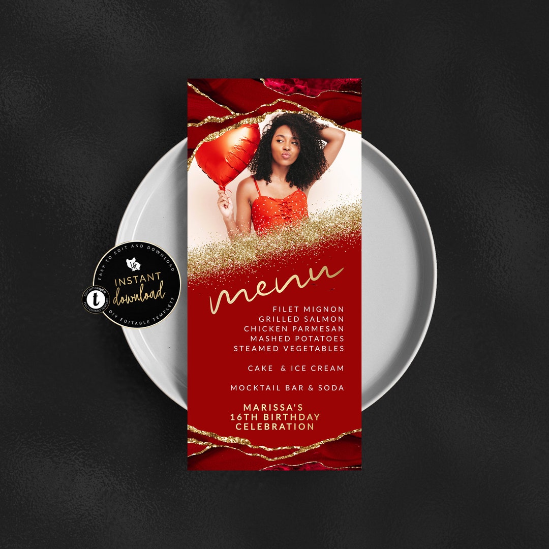 Red and Gold Photo Menu Card, Red and Gold Agate Menu, Red and Gold ...