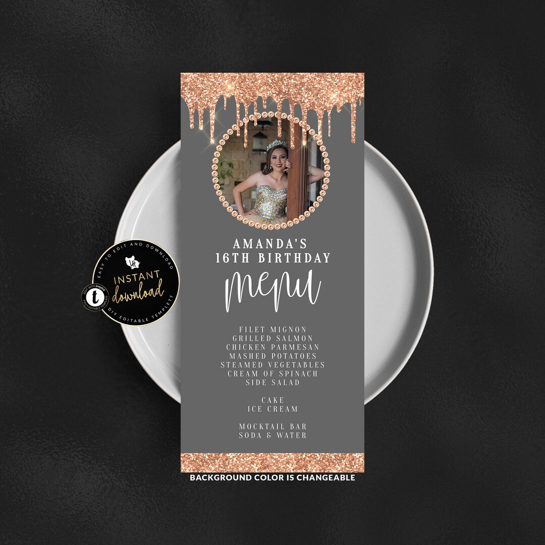 Rose Gold Drip Photo Menu, Rose Gold Menu, Rose Gold Birthday, Rose ...