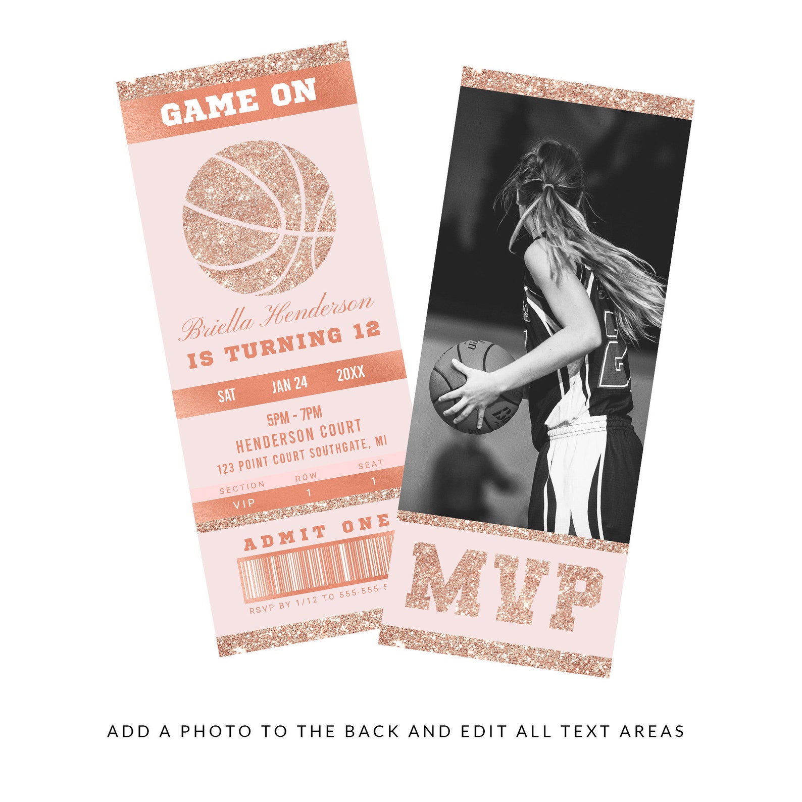 Girl Basketball Ticket Invitation Rose Gold Basketball - Etsy