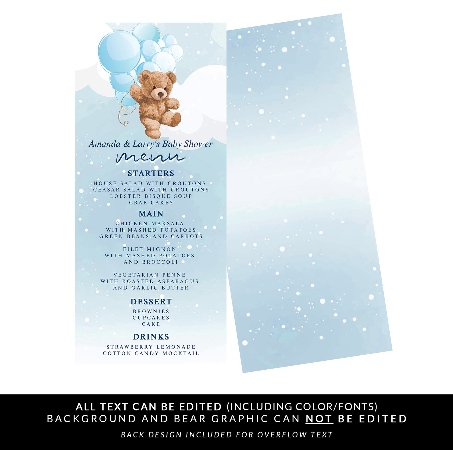Teddy Bear Baby Shower Menu Card Blue Teddy Bear Menu We Can - Etsy