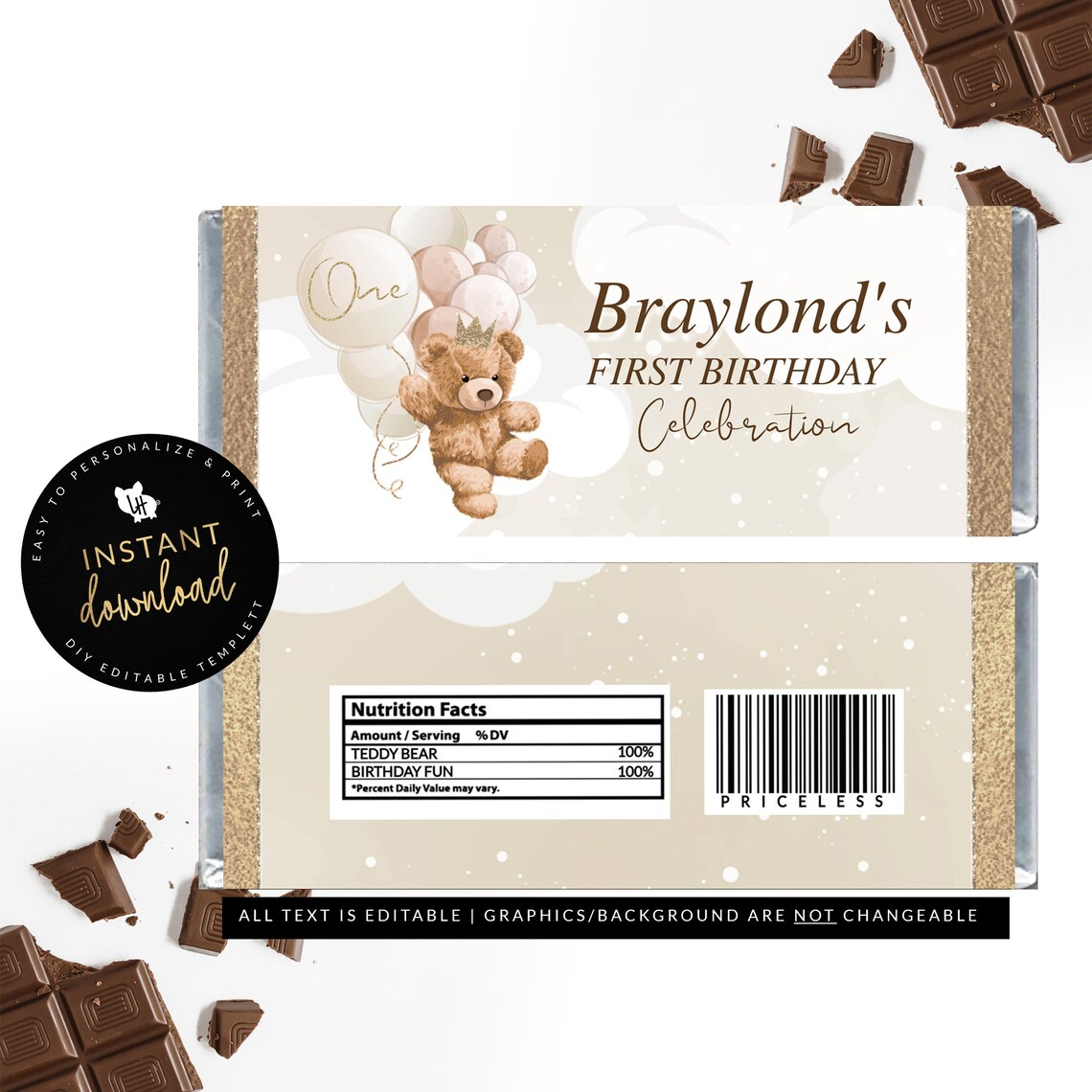 Teddy Bear Balloon Candy Bar Label Teddy Bear Birthday Candy - Etsy