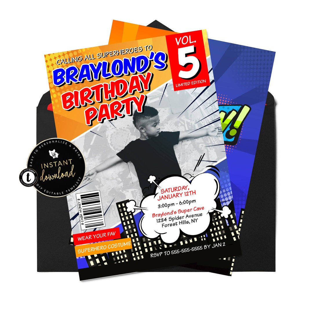 Comic Book Invitation, Comic Book Cover Birthday Invitation, Superhero ...