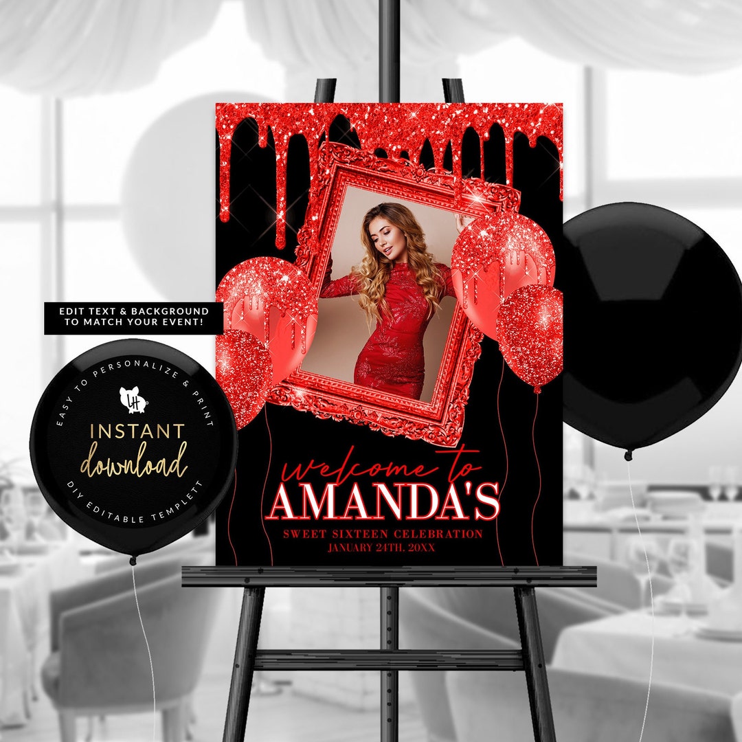 Red Photo Welcome Sign, Red Frame Poster, Red Welcome Poster, Birthday ...