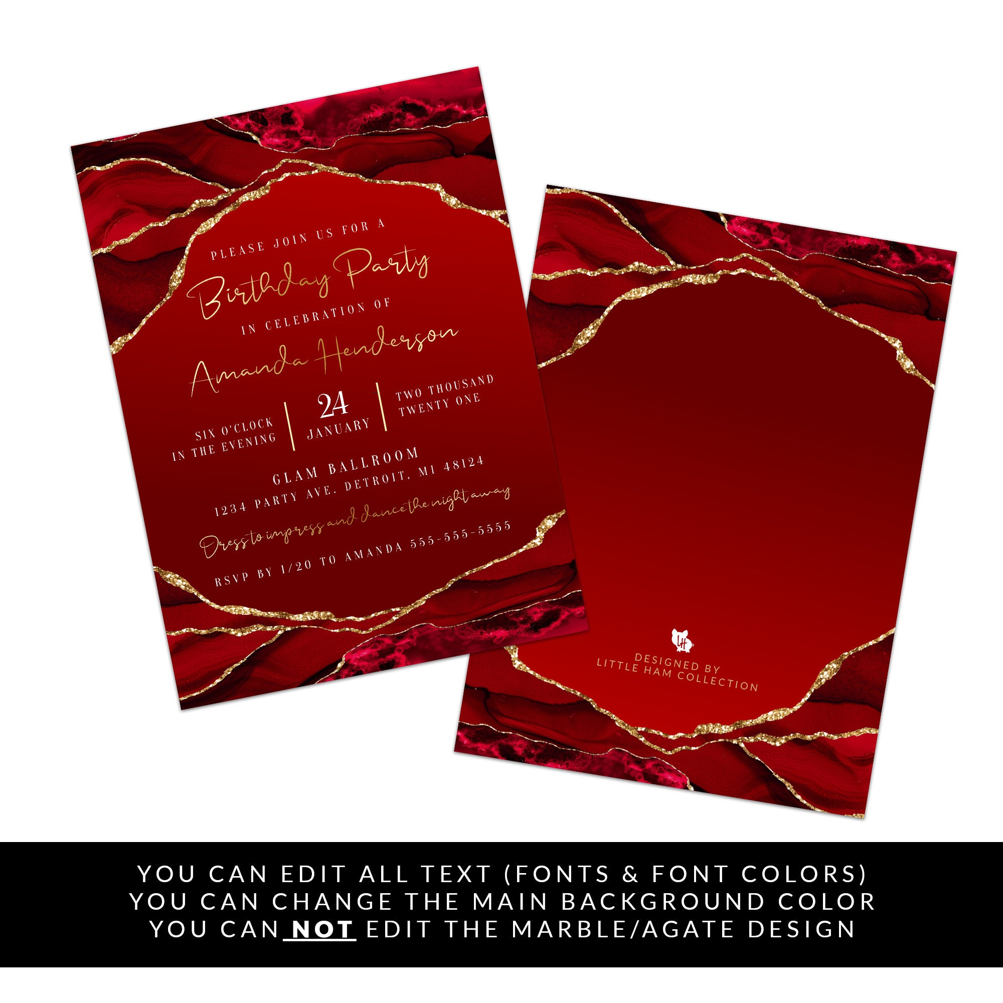 Red and Gold Invitation, Red and Gold Agate Invitation, Red and Gold ...