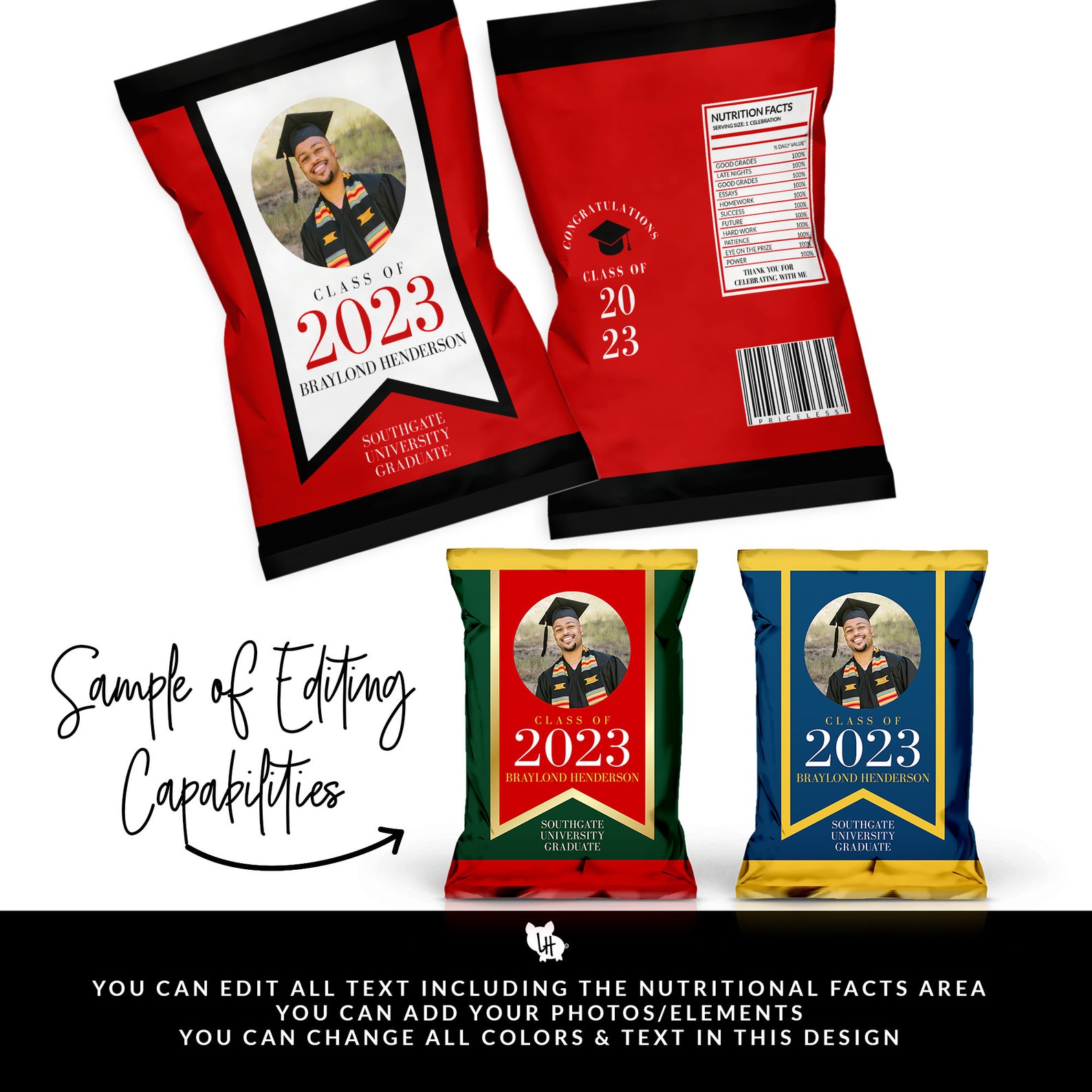 Graduation Chip Bag Template, Fully Customizable Chip Bag Template ...