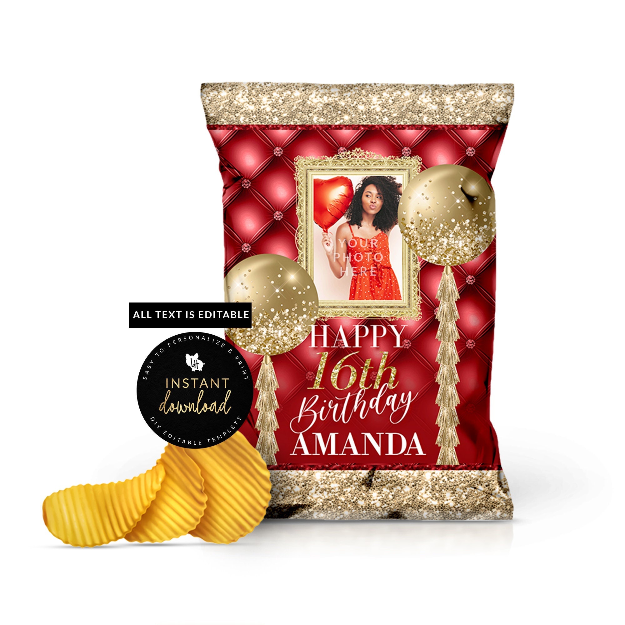 Red and Gold Chip Bag, Chip Bag With Picture, Red and Gold Birthday ...