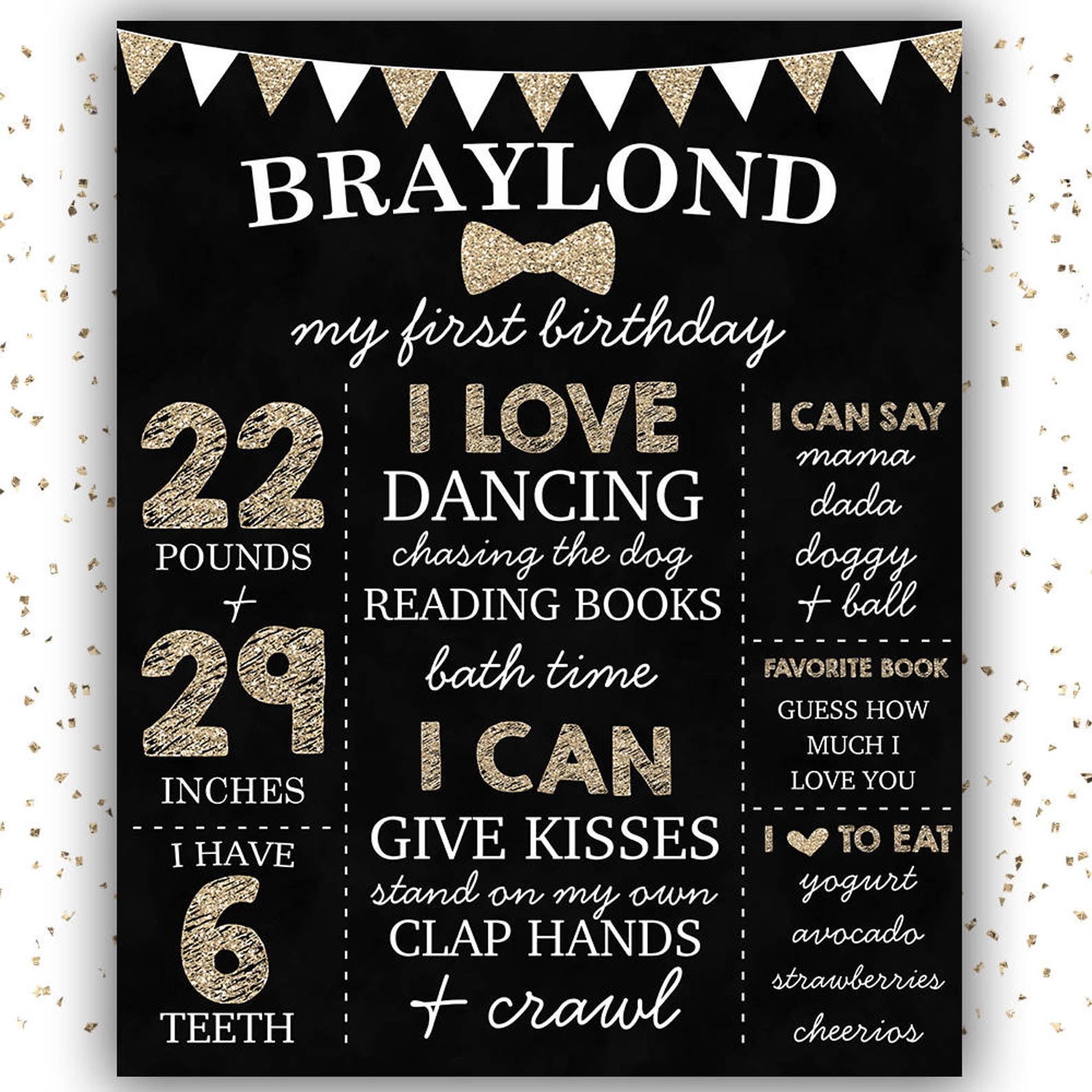 Printable Birthday Stats Board Black and Gold Birthday Stats - Etsy