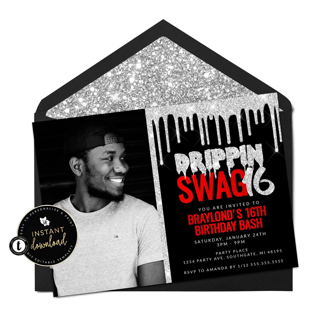 Swag 16 Silver Birthday Photo Invitation, Swag 16 Party, Swag 16 ...