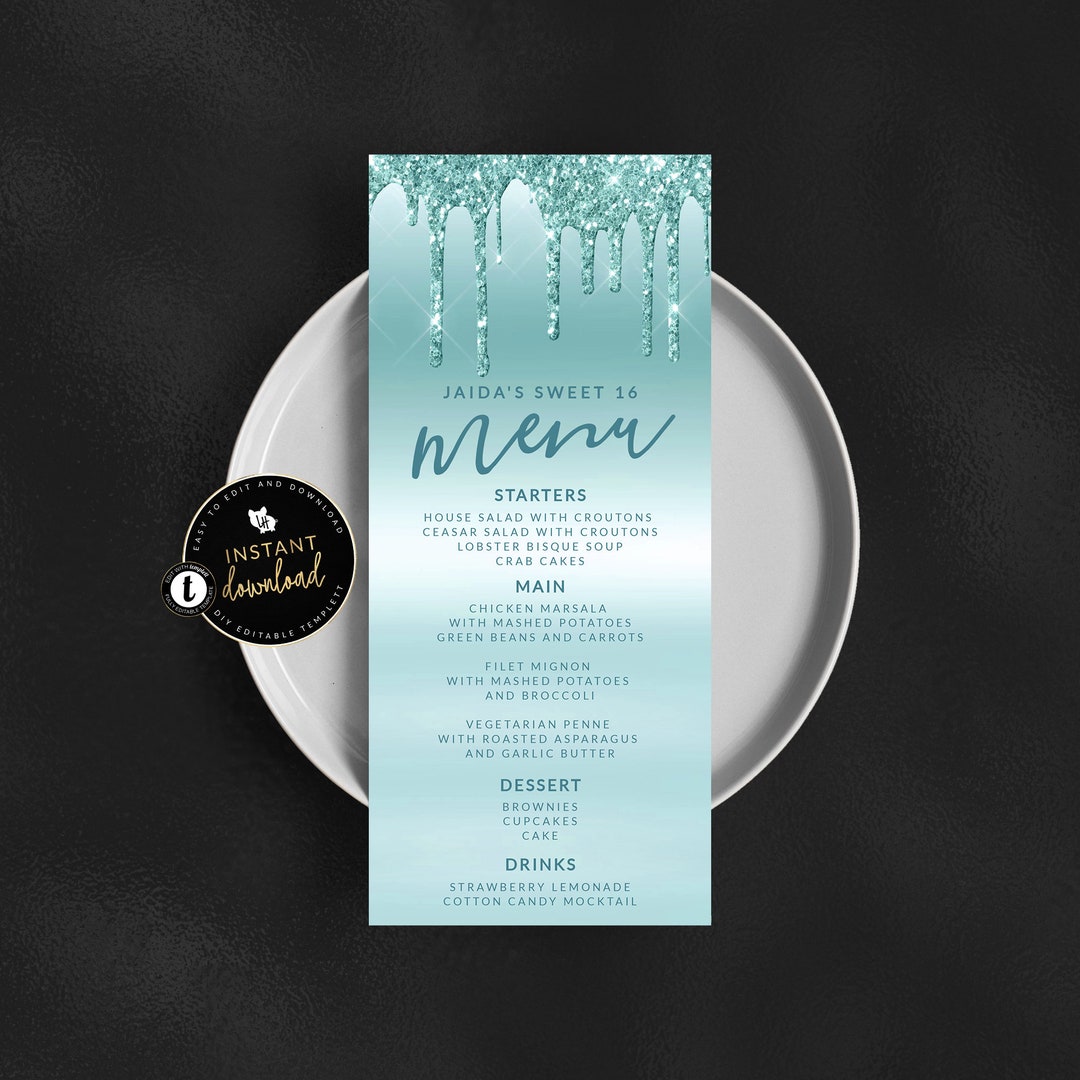 Dripping Teal Menu Card, Glitter Drip Menu, Teal Birthday, Teal 4x9 ...
