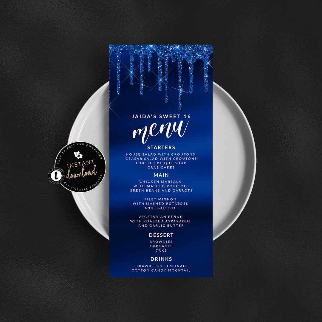 Dripping Blue Menu Card, Blue Glitter Drip Menu, Blue Birthday, Blue ...