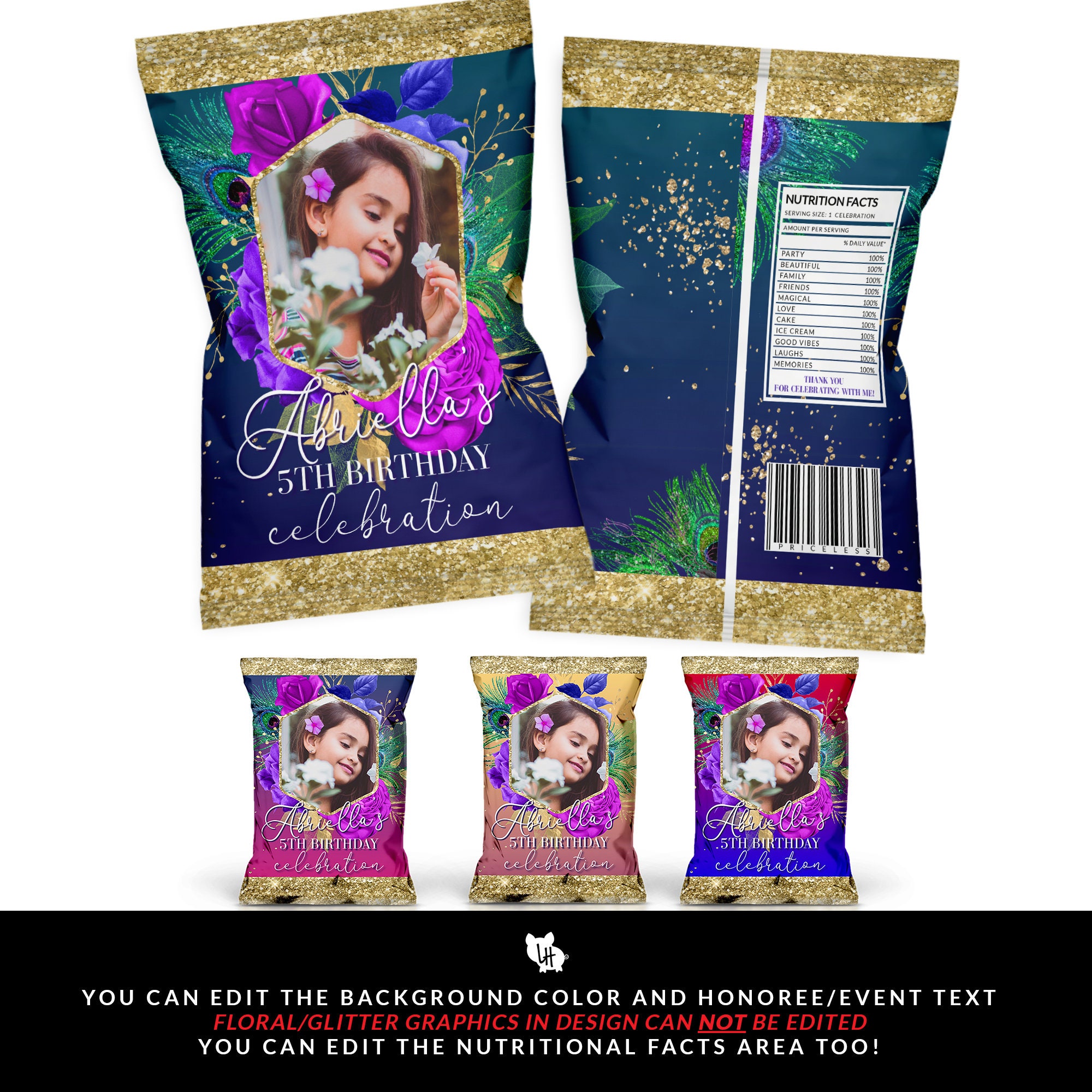 Peacock Chip Bag, Floral and Feather Chip Bag, Peacock Printable Chip ...