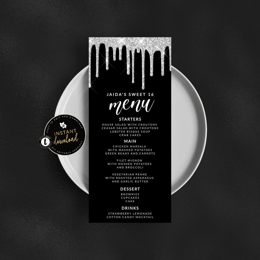 Silver Glitter Drip Menu, Silver Birthday Menu, Silver Shower Menu ...