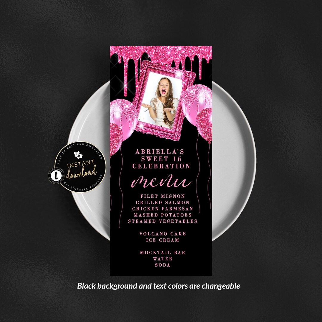 Hot Pink Photo Menu Card With Photo, Glitter Drip Menu, Hot Pink ...