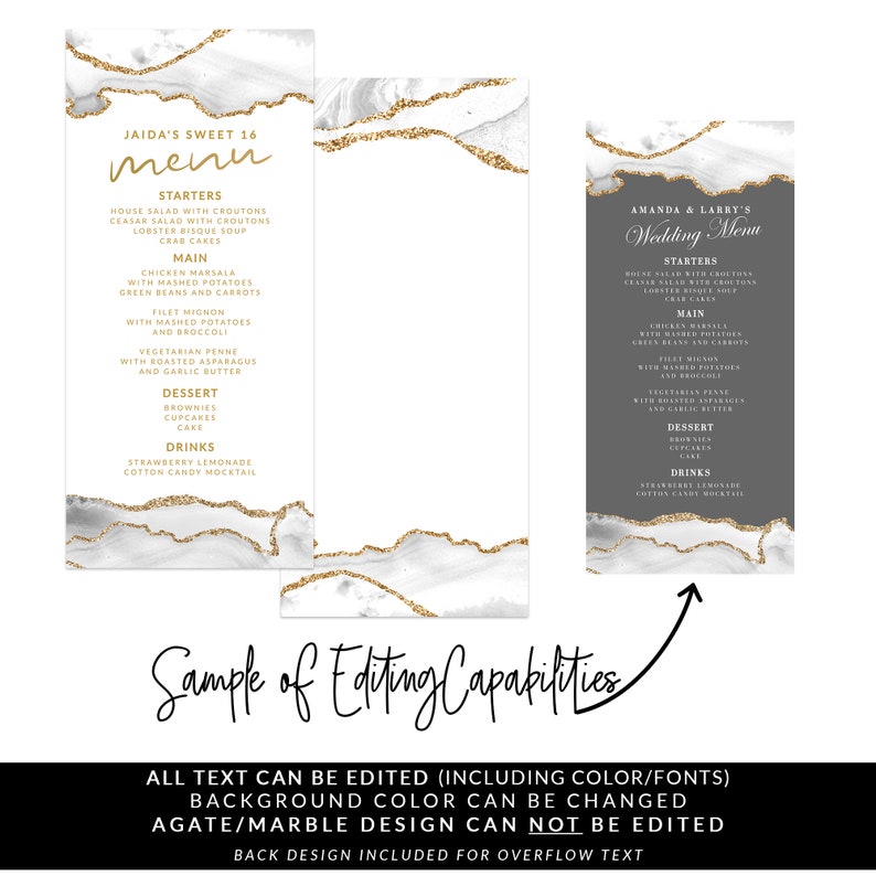 White and Gold Menu Card, White and Gold Agate Menu, White and Gold ...