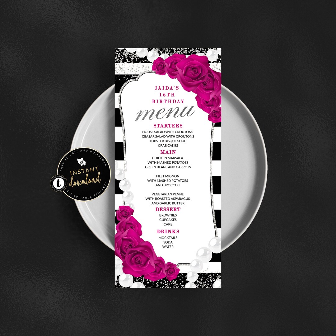 Fuschia Roses and Pearls Menu Card. Roses Printable Menu, Roses Place ...