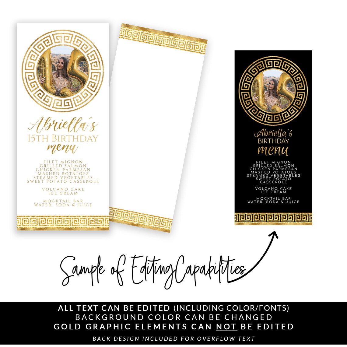 Grecian Menu Card, Greek Key Menu, Gold Birthday, Gold 4x9 Menu, Gold ...