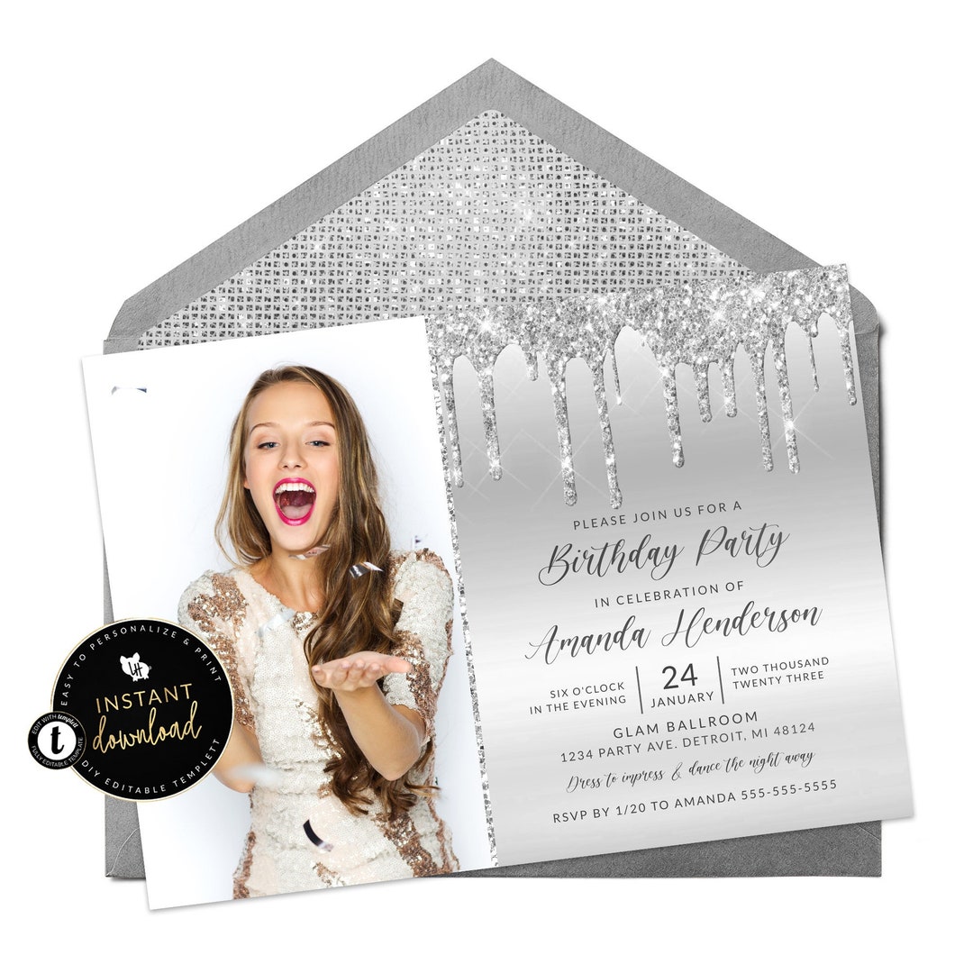 Dripping Silver Invitation, Silver Invitation With Photo, Glitter Drip ...