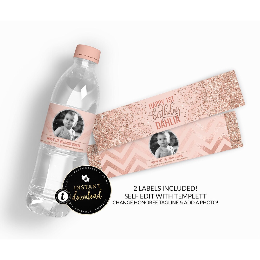 Rose Gold Water Bottle Labels, Rose Gold Photo Water Bottle Label, Rose ...