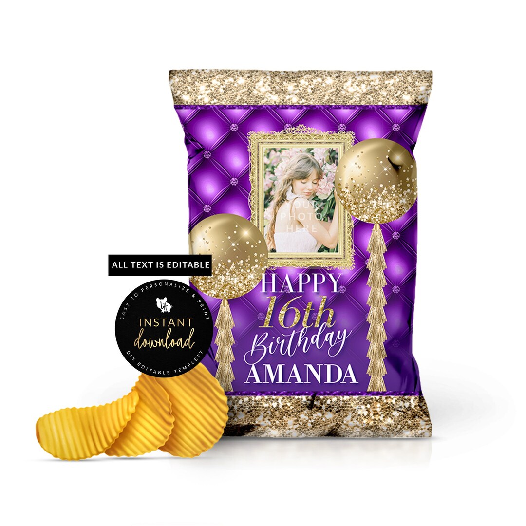 Purple and Gold Chip Bag, Chip Bag With Picture, Purple and Gold ...