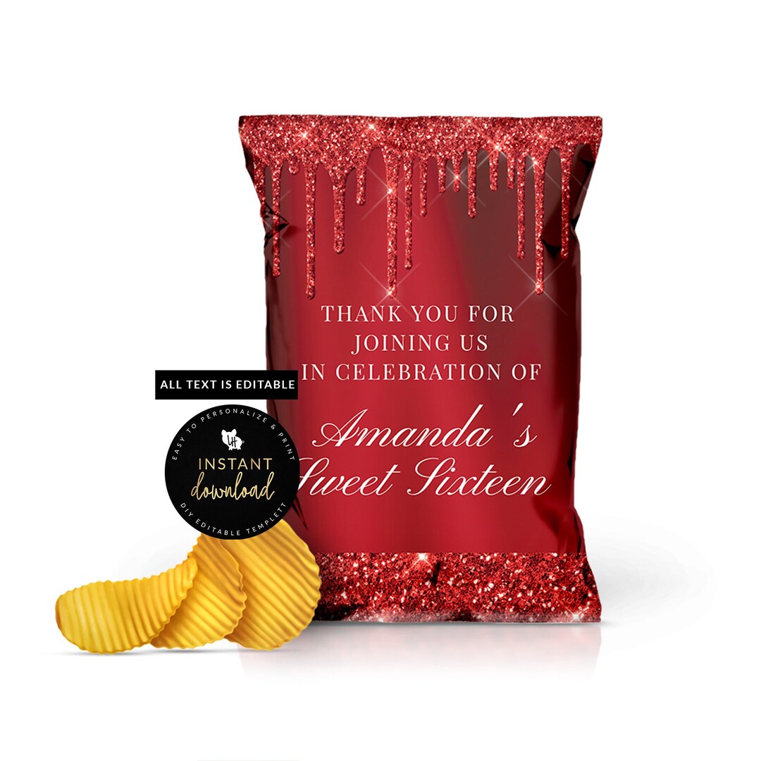 Dripping Red Chip Bag, Red Printable Chip Bag, Red Birthday Favors, Red ...
