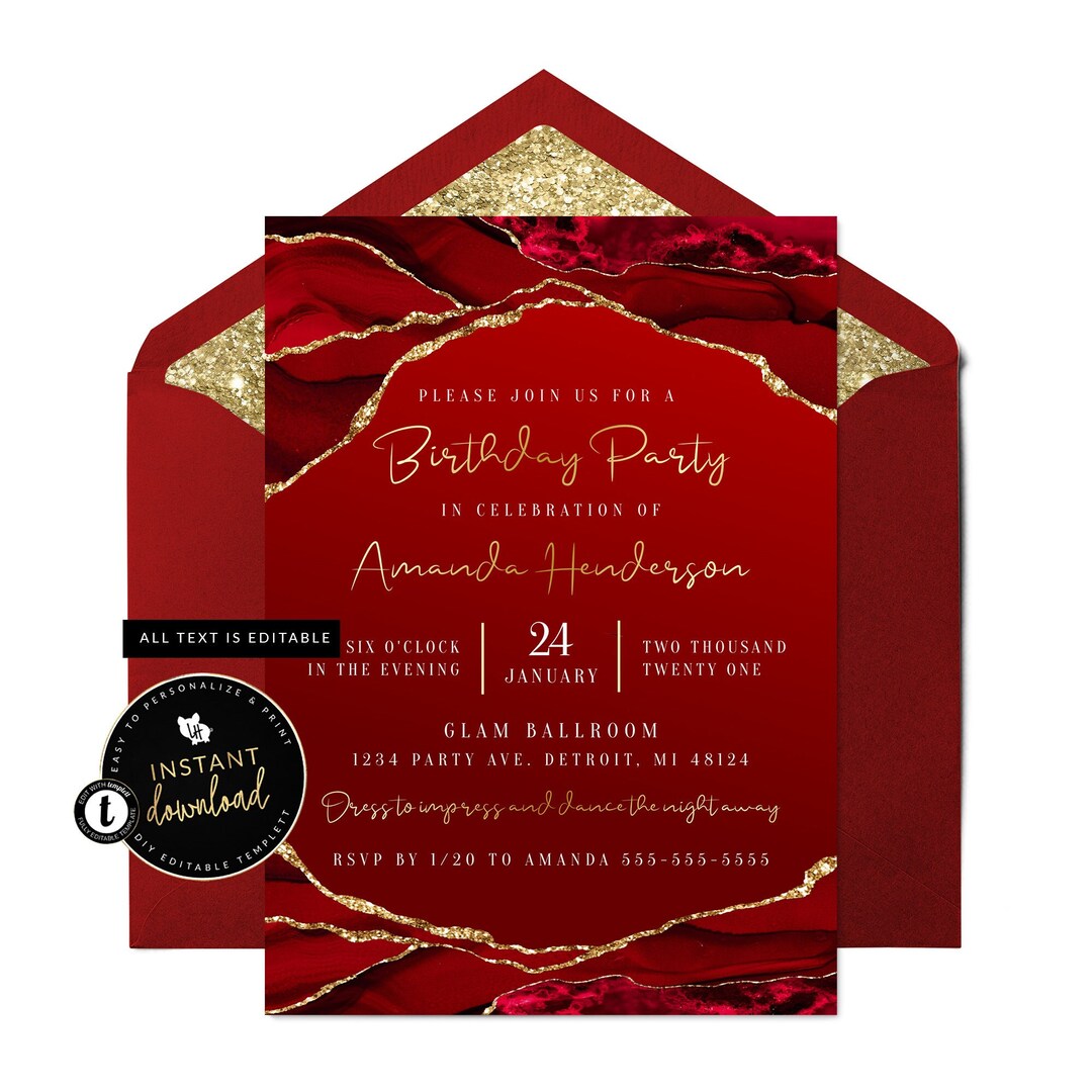 Red and Gold Invitation, Red and Gold Agate Invitation, Red and Gold ...