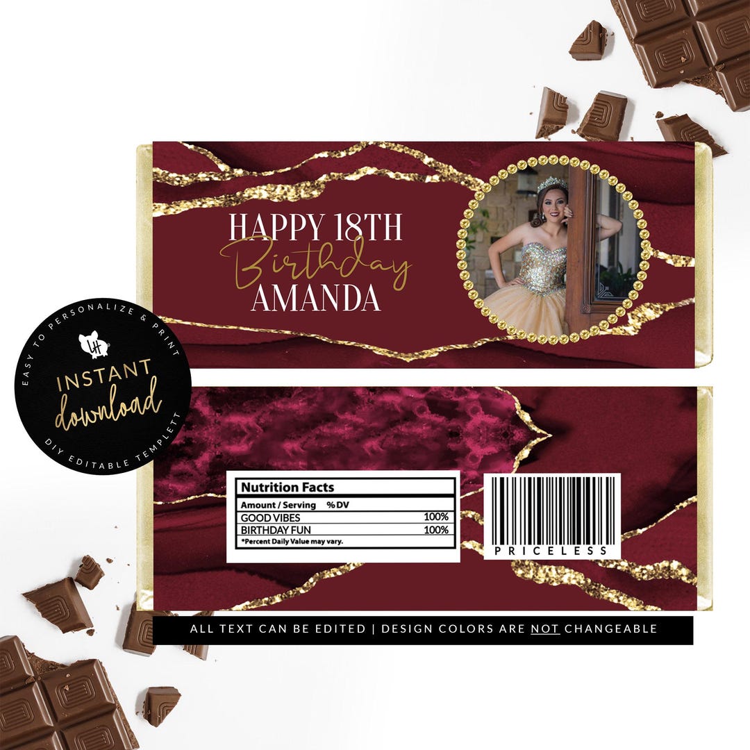 Burgundy and Gold Candy Bar Label, Burgundy Candy Bar Label, Agate ...