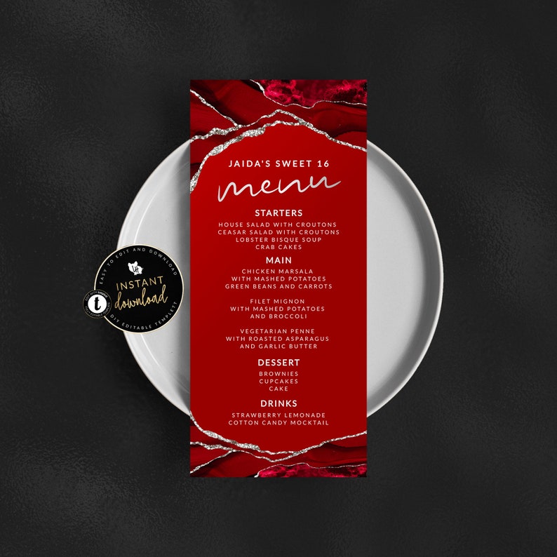 Red and Silver Menu Card Red Menu Red and Silver Agate Menu - Etsy